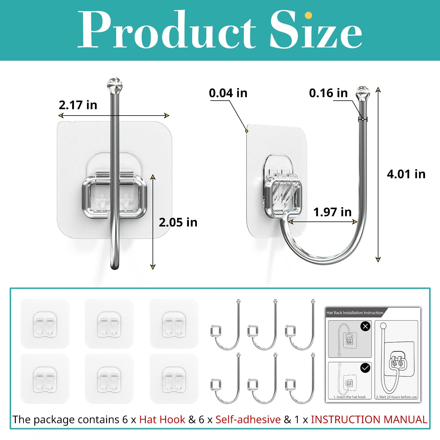 6 Pack Hat Racks for Baseball Caps Wall, Stainless Steel Hat Organizer for Baseball Caps, Hat Storage for Baseball Caps, Hat Hooks Hat Hanger Strong Adhesive/Wall Drilled for Door, Bedroom, Closet
