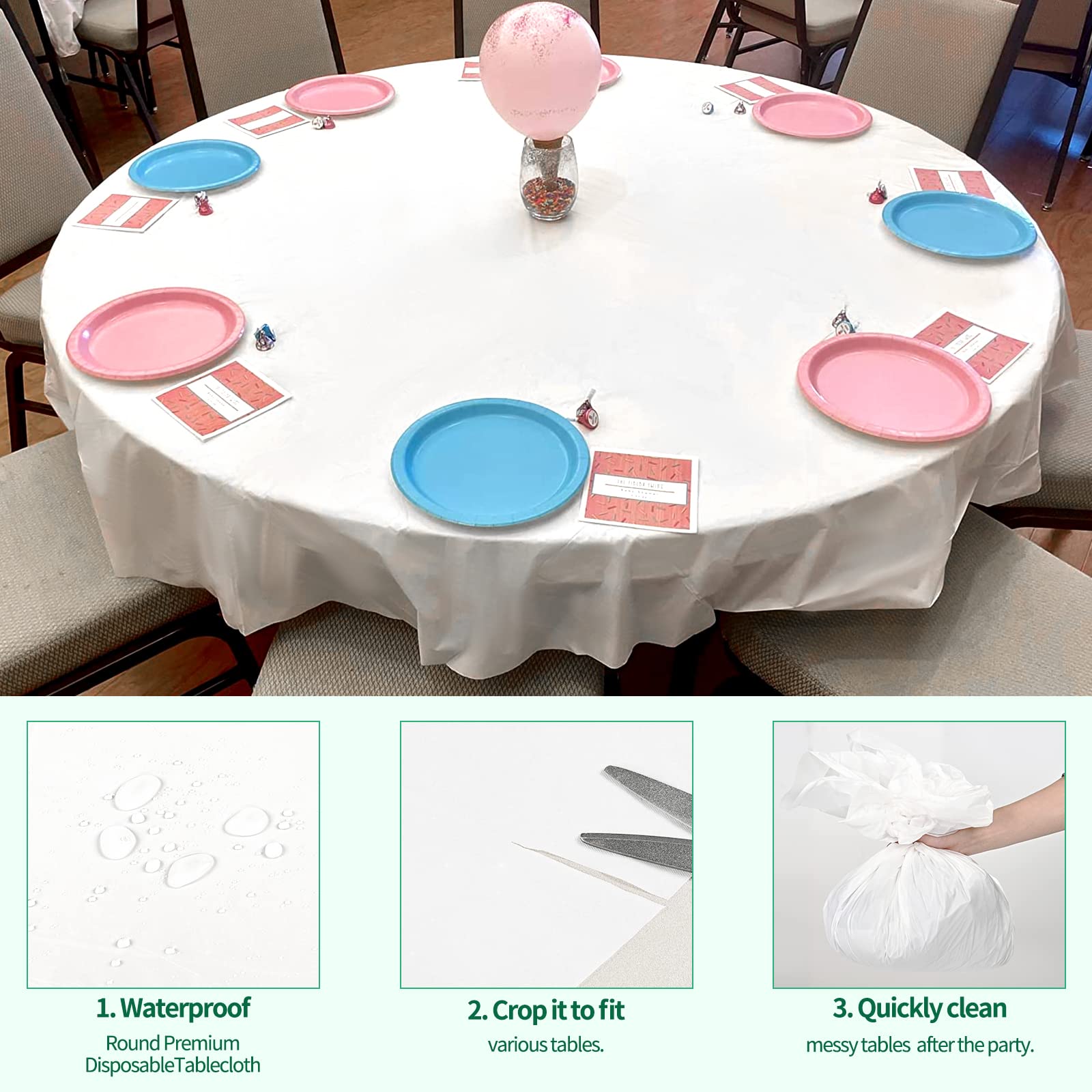 30 Pack Disposable Round Plastic Tablecloth 84 inch White Table Cloth Plastic Table Covers Premium PEVA Water Resistant Disposable Table Cloth for Banquet,Picnic,BBQ,Banquet,Wedding,Party,Dinner