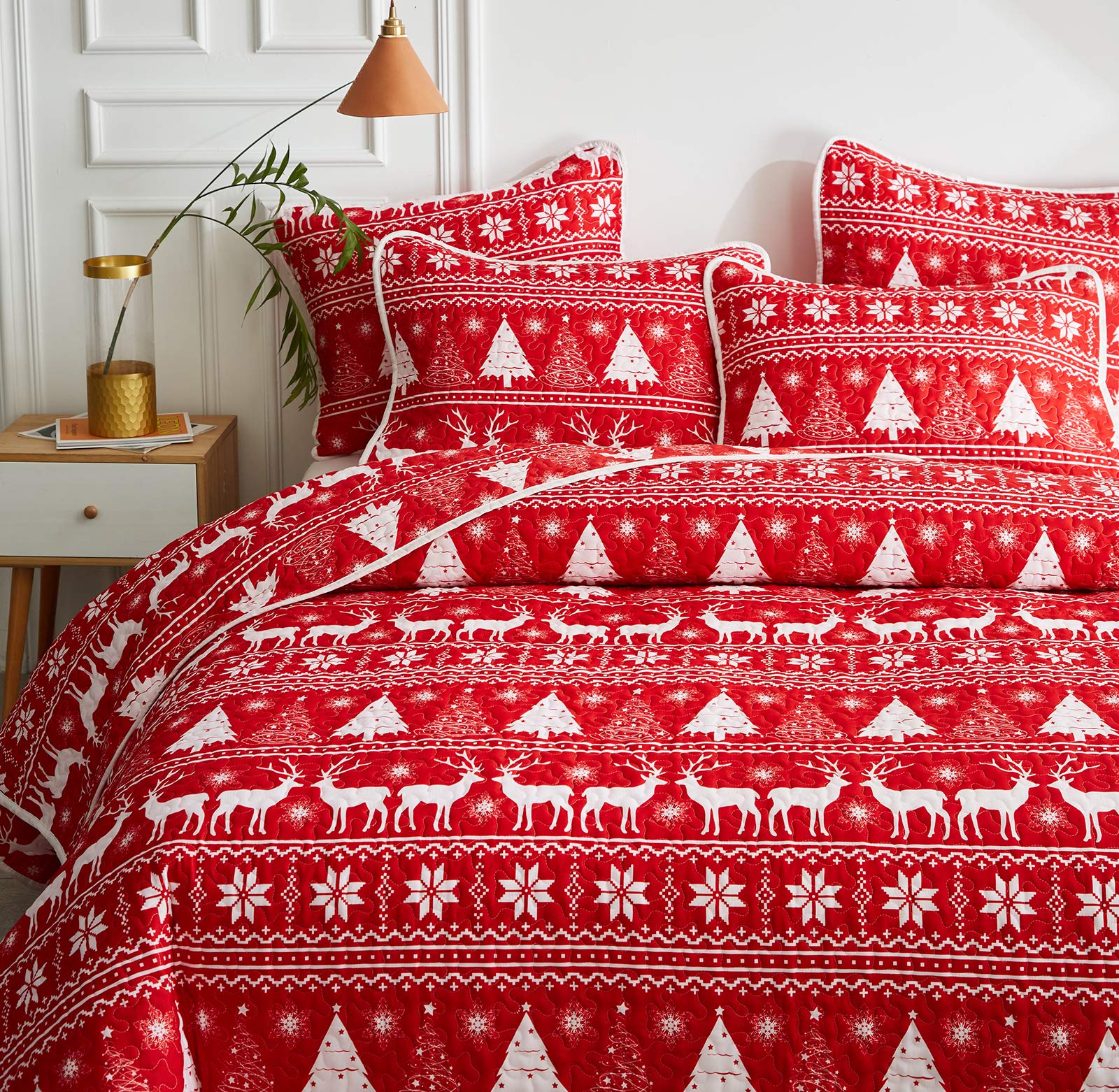 3 Pieces Quilt Set Christmas Red and White Deer with Snowflake King Size Full Queen 88"x88" Soft Microfiber Lightweight New Year Holiday Style Reversible