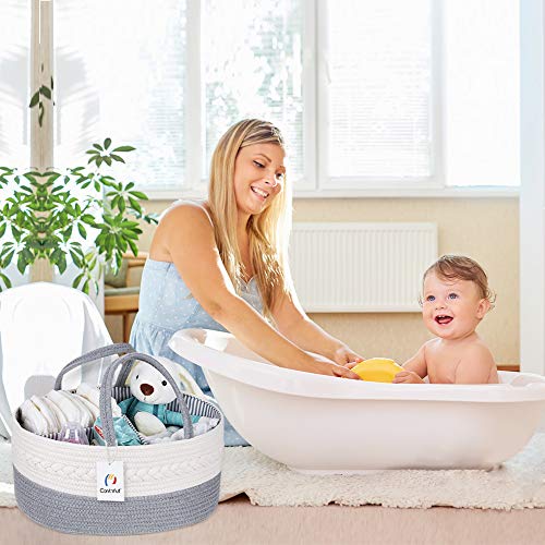 Conthfut Baby Diaper Caddy Organizer 100% Cotton Rope Nursery Storage Bin for Boys and Girls Large Tote Bag & Car Organizer with Removable Inserts Baby Shower Basket