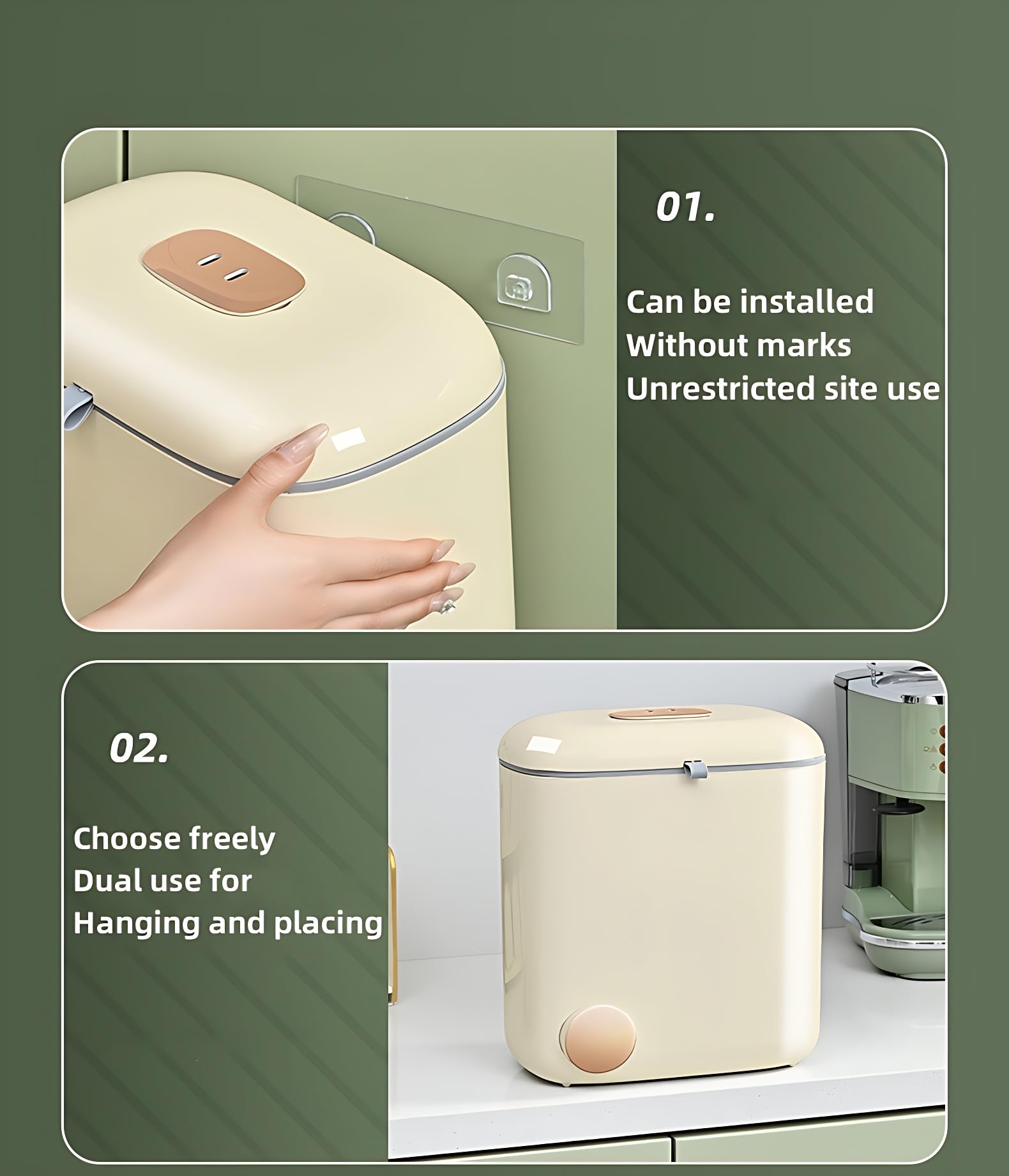 AIWE7D 9L/2.4 Gallon Hanging Trash Can for Kitchen Cabinet Door with Slide Lid Portable Hang Trash Bin Garbage Can for Bathroom with Sticky Hook ABS