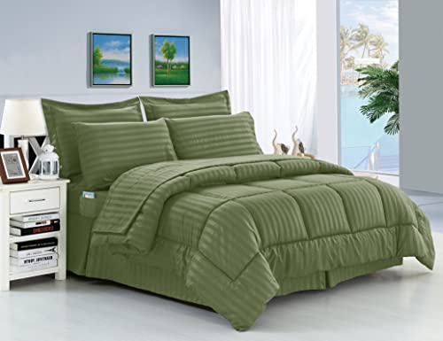 Elegant Comfort® Wrinkle Resistant - Silky Soft Dobby Stripe Bed-in-a-Bag 8-Piece Comforter Set -HypoAllergenic - Full/Queen, Sage