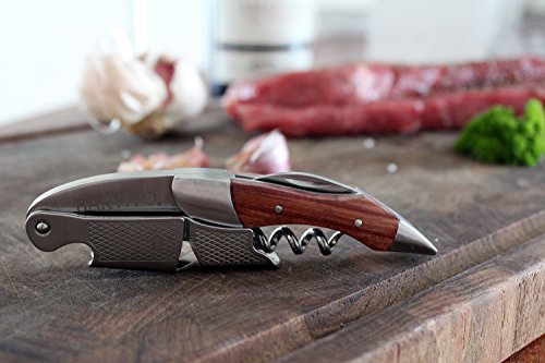 Barvivo Wine Opener with Foil Cutter Knife & Cap Remover - Double Hinged Manual Wine Key for Servers, Bartenders & Waiters - Wine Accessories Ideal as Valentines Day Gifts for Him - Natural Rosewood
