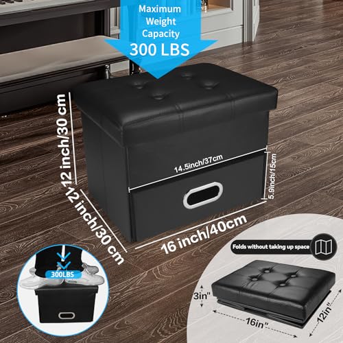 AmasSmileĀ® Folding Storage Ottoman Foot Rest Stool with Drawers, 16 inch Leather Footstool Bench, Short Ottoman Bench, Storage Foot Rest Store, Books,Records Support 300 lbs, Black