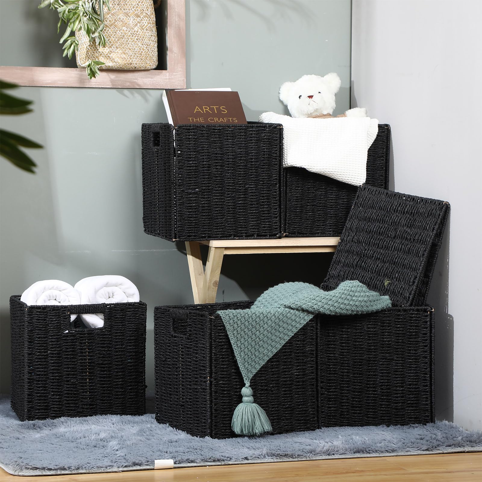 Bucherry 6 Pcs 11.8 x 11.8 x 11.8 Inch Wicker Storage Basket Cubes Large Handwoven Foldable Storage bins for Shelves Woven Storage Baskets for Pantry Laundry Bedroom Living Room (Black)