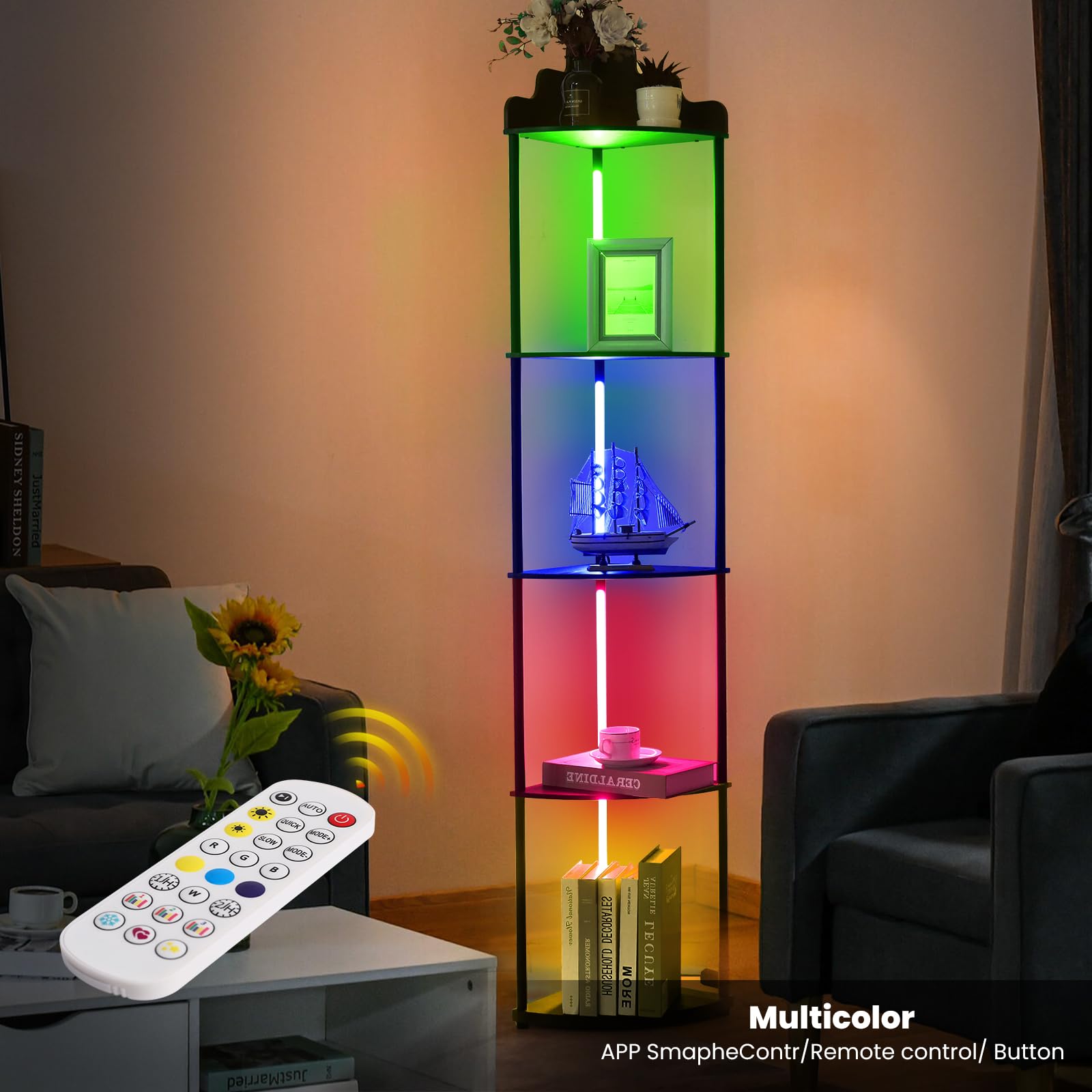 Sierjian 5 Tier Corner Shelf with Light, 70" Tall Corner Bookshelf with Light Display Shelf for Collectibles, Dimmable Tall Floor Light for Living Room, Bedroom, Wood Display Shelf