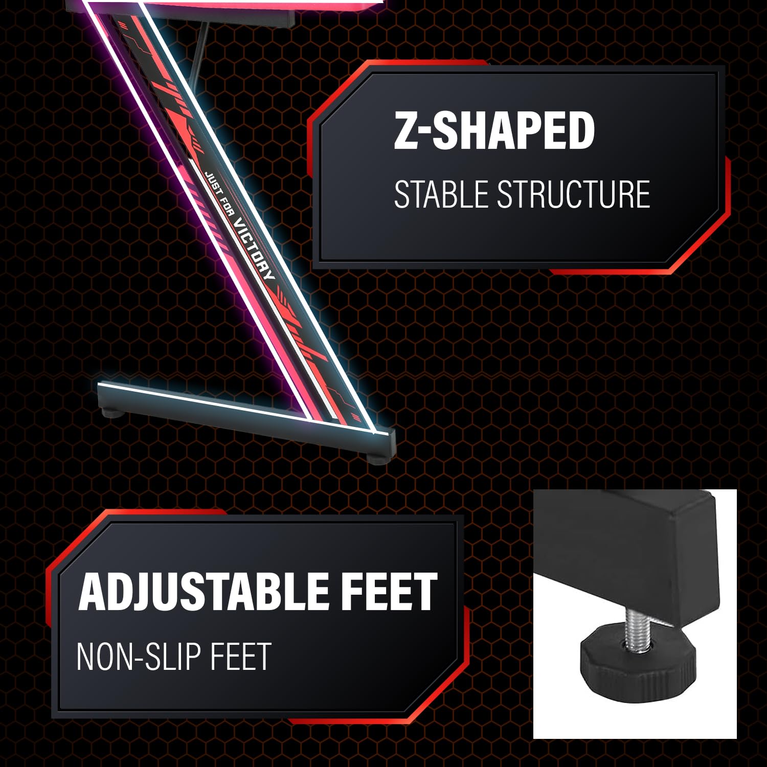 MGHH 47 Inch Gaming Desk Computer Desk Home Office Desk Z Shaped Ergonomic Simple PC Workstaion Gaming Table with Carbon Fibre Surface Headphone Hook Adjustable Leveling Foot for Gamer Player,Red
