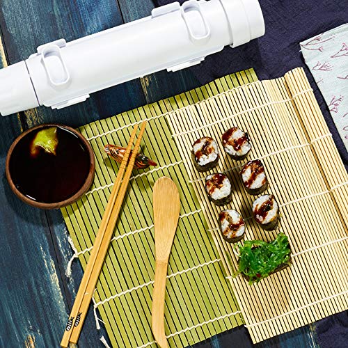 ISSEVE Sushi Making Kit, Bamboo Sushi Mat, All In One Sushi Bazooka Maker with Bamboo Mats, Bamboo Chopsticks, Paddle, Spreader, Sushi Knife, DIY Sushi Roller Machine