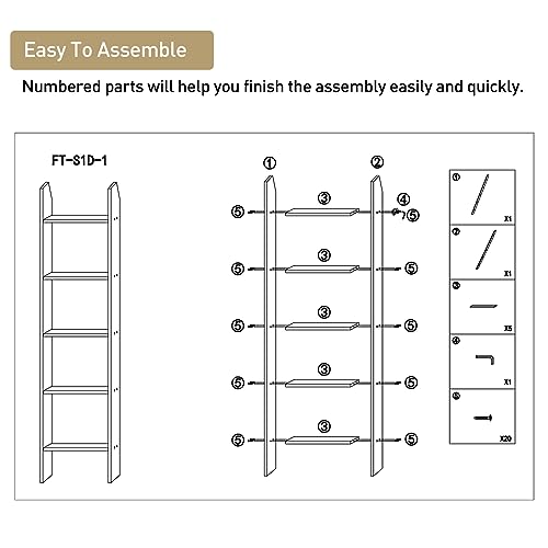 Babion Blanket Ladder, 5-Tier Ladder Shelf, Ladder Bookshelf, Wood Blanket Ladder, Wall Leaning Wooden Towel Blanket Ladder Storage Rack for Bathroom, White