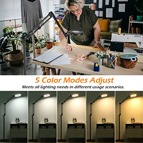 8X Magnifying Glass with Light and Stand, Krstlv 4-in-1 LED 5 Color Modes Stepless Dimmable Magnifying Floor Lamp, Adjustable Swing Arm Lighted Magnifier Lamp with Clamp for Close work, Craft, Reading