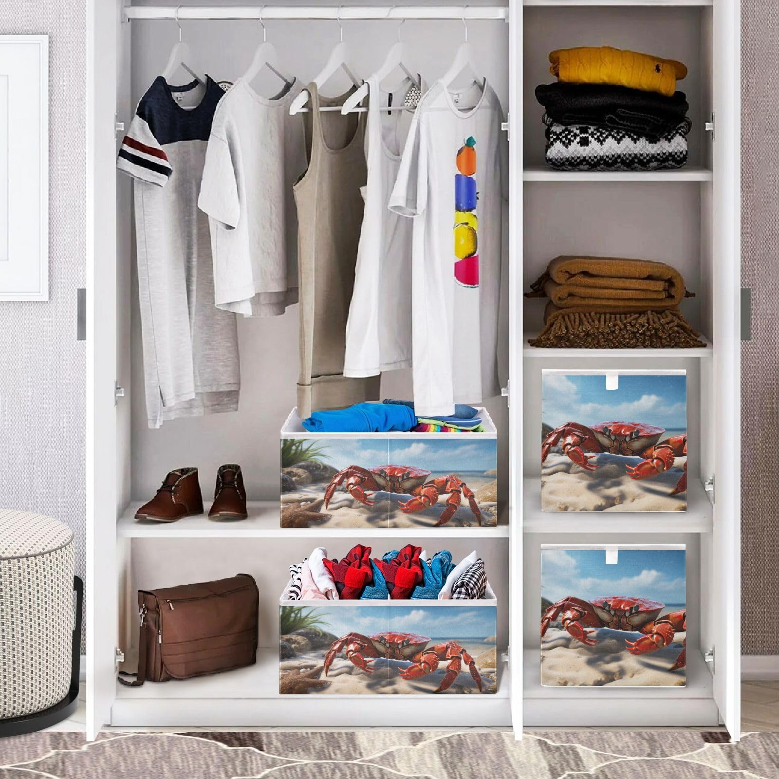 YMGQYJ Collapsible Storage Cube Beach Crab Print, Organizing Baskets with Reinforced Board for Shelf Closet Cabinet 11×11×11 IN