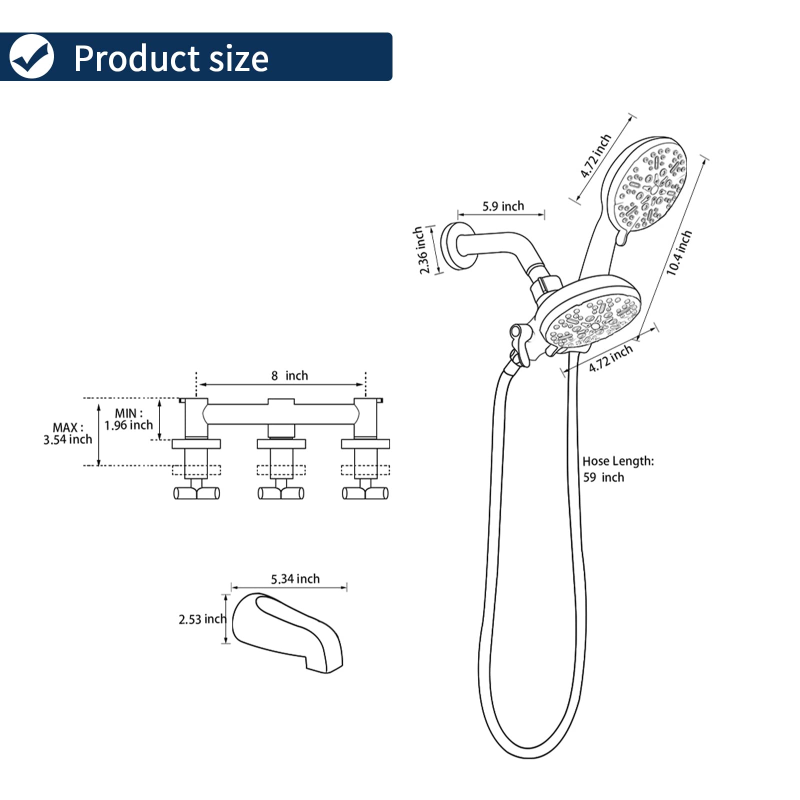 3 Handle Shower Faucet Set with Tub Spout Bathtub Shower Faucet Combo Set Shower System Complete Tub and Shower Trim Kit Matte Black Wall Mounted Shower Fixtures