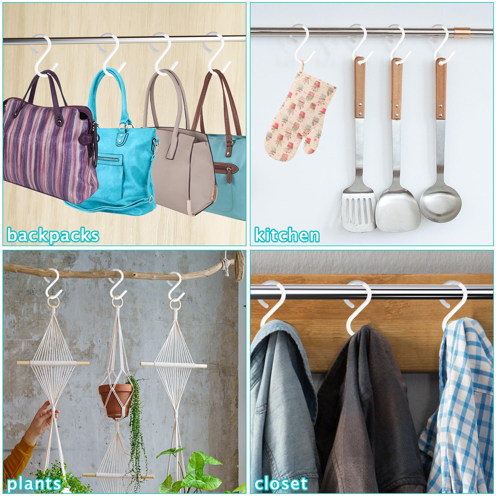 6 Pack Secure & Quiet Plastic S Hooks for Hanging Towel, 3.5 Inch Shower Curtain Hooks Rings Rust-Free,Twist & Lock Small Closet S Hooks for Shower Curtain, Clothes, Towels, Hats (White)