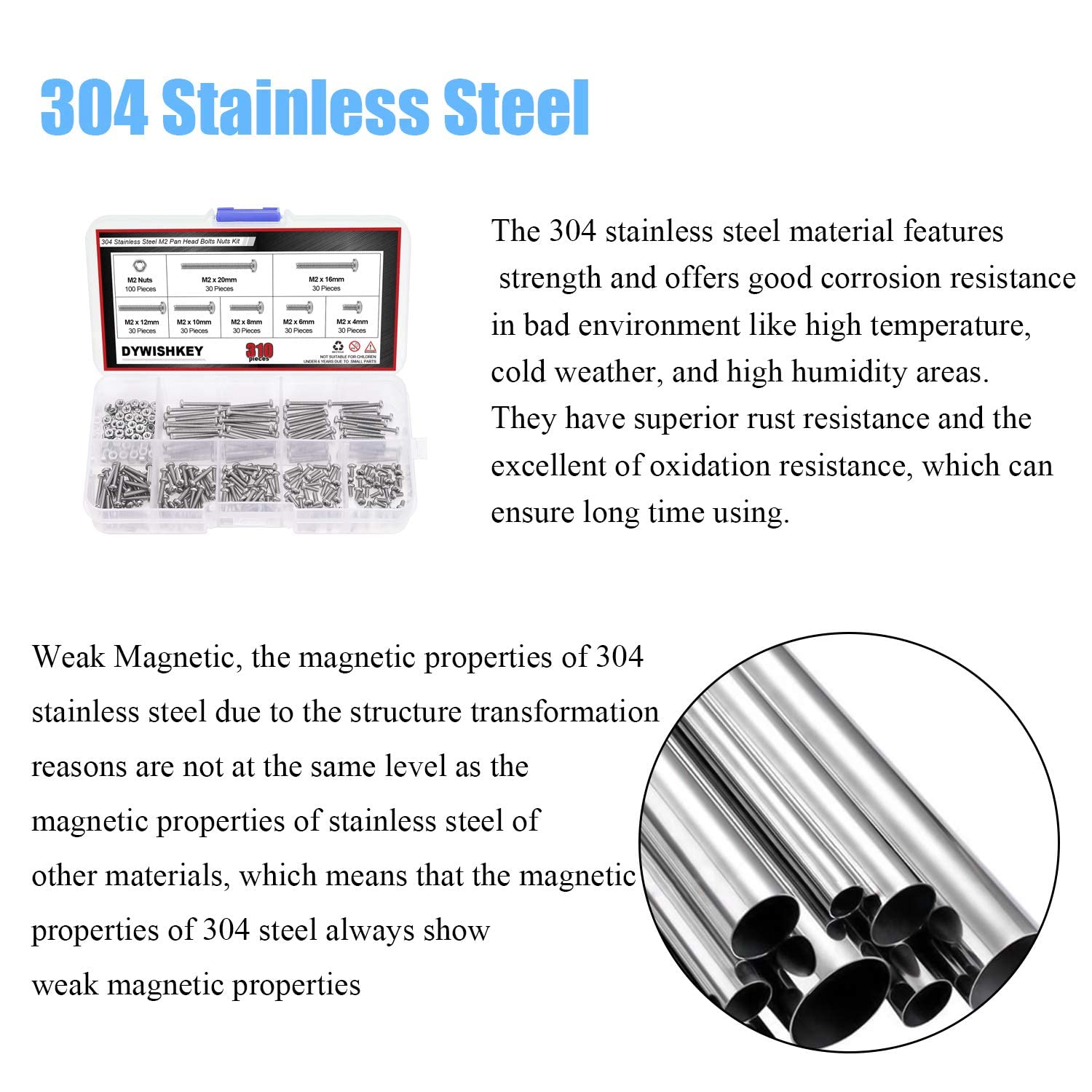 DYWISHKEY 310 Pieces M2 x 4mm/6mm/8mm/10mm/12mm/16mm/20mm, Stainless Steel 304 Phillips Pan Head Cap Bolts Screws Nuts Kit