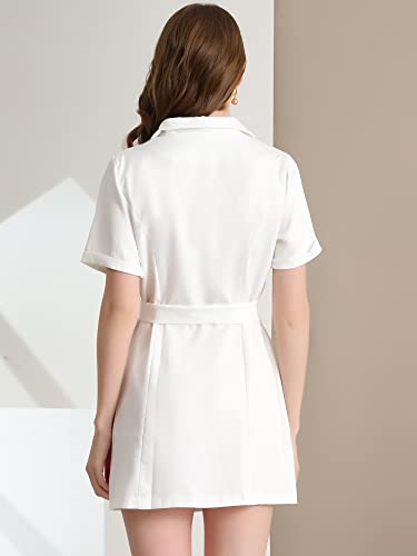 Allegra K Women's Notched Lapel Double Breasted Casual Work Office Belted Blazer Dress Medium White