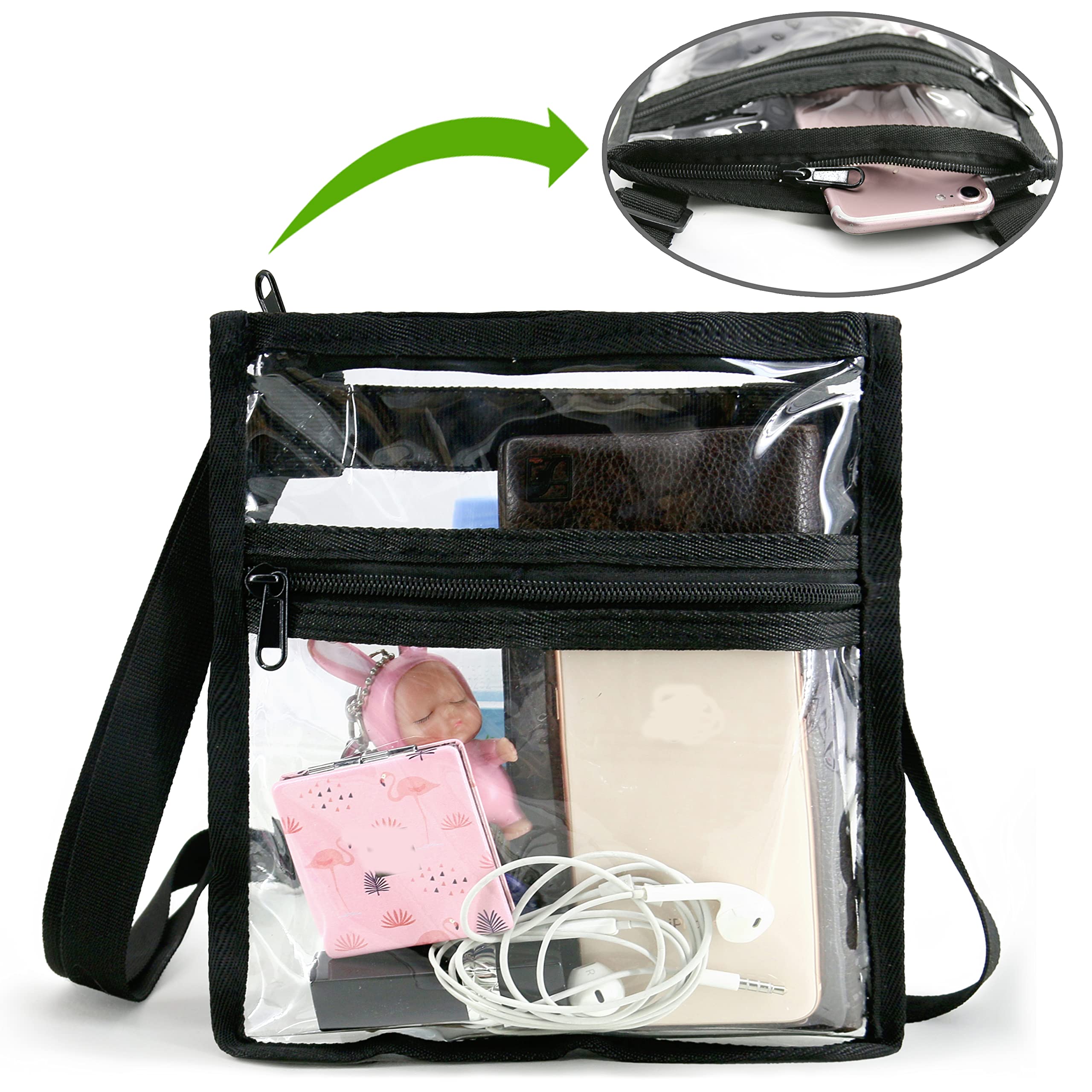 BeeGreen Black Clear Bag Stadium Approved Small Clear Purse with Extra Pocket for Women & Men,Clear Crossbody Purse for Concert, Sporting Events,Clear Messenger Bag w Long Strap for College Gift