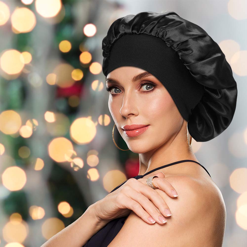 3 Pieces Wide Elastic Band Satin Sleep Bonnet Soft Night Sleeping Cap for Women Haircare