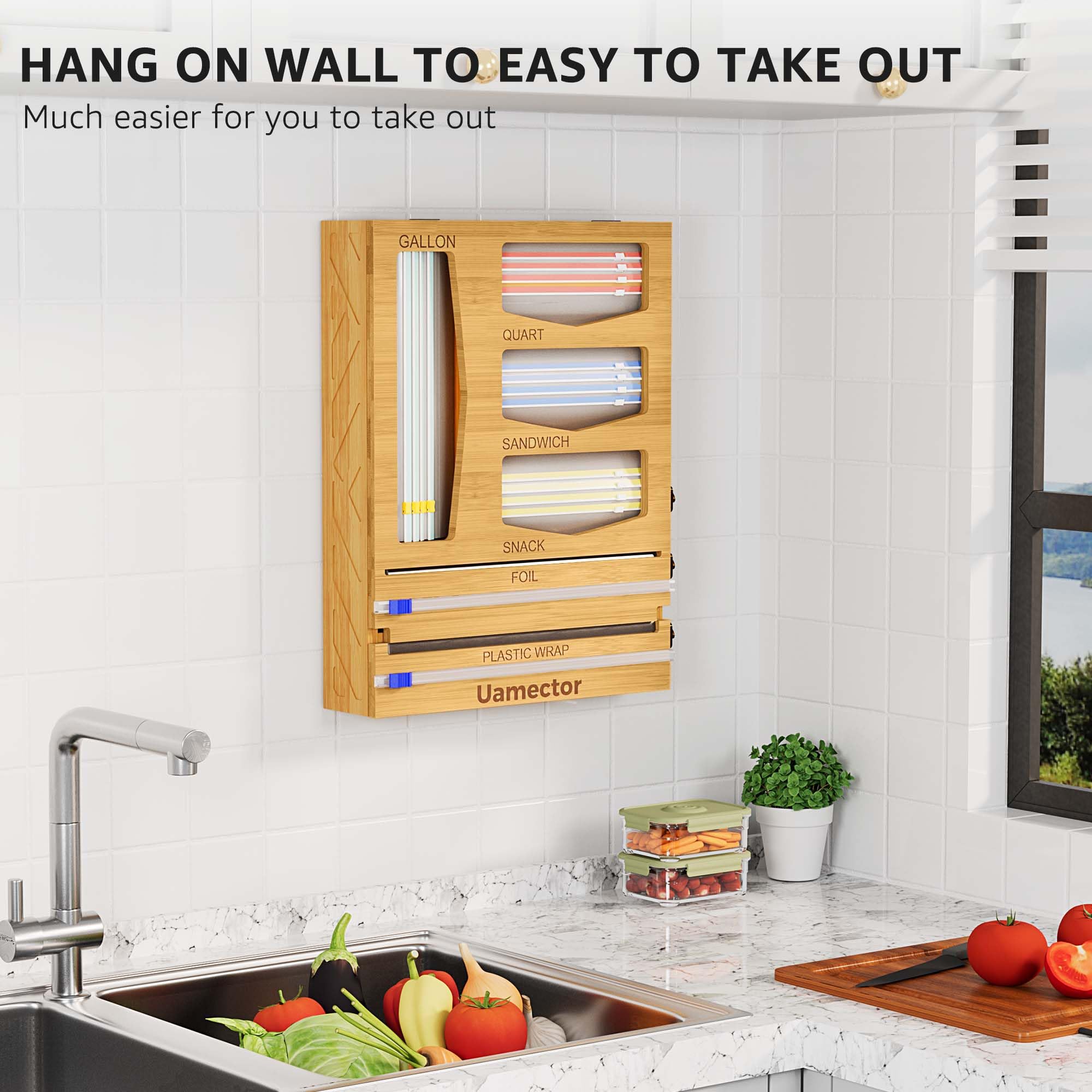 Uamector Bag Storage Organizer Perfect for Kitchen Drawer, 6 in 1 Bamboo Foil and Plastic Wrap with Cutter, Storage Bag Organizers Compatible Gallon, Quart, Sandwich Snack Size