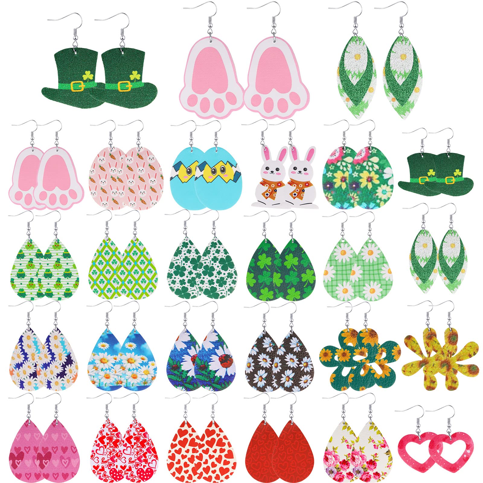24 Pairs Easter Faux Leather Earring for Women Girls Lightweight Spring Leaf Dangle Teardrop Earrings Set St. Patrick's Day