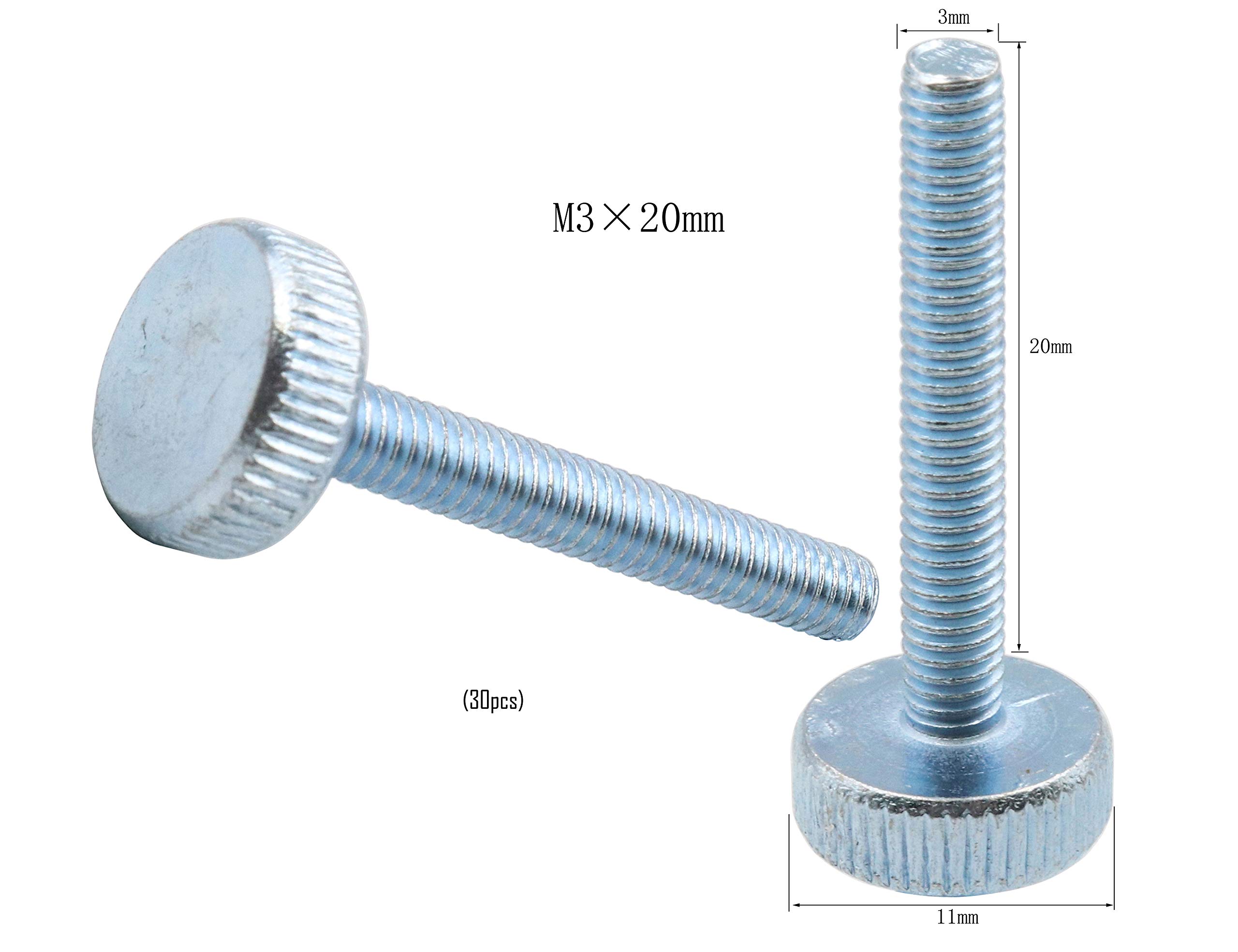 LBY 30pcs Knurled Hand Screw, M3 x 20mm Flat Knurled Head Fully Threaded Thumb Screws(Single Layer Step), Carbon Steel Galvanize