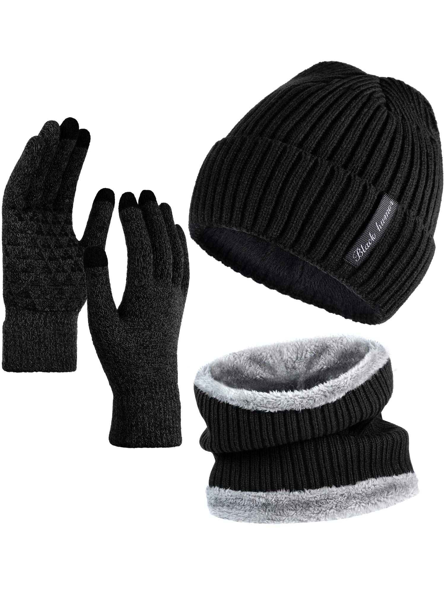 3 Pieces Winter Warm Set Beanie Hat Scarf Touchscreen Gloves (Black)