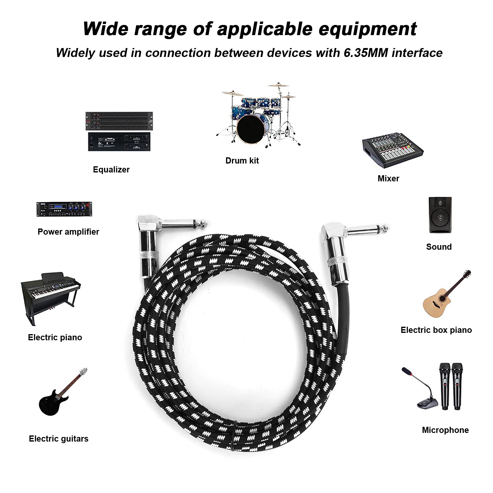Hilitand Guitar Cable - 6.35MM Male Head Audio Guitar Cable 10ft Electric Guitar Amplifier Cord - Right Angle to Right Angle 1/4 Inch Instrument Cable Guitar Amp Cable(Black-White)