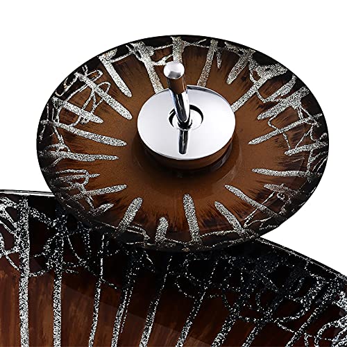 Bathroom Vessel Sink Vanity Tempered Glass Vessel Bowl Sink Round Countertop Sink Bowl with Faucet and Drain Combo Above Counter Sink, Brown with Silver Pattern