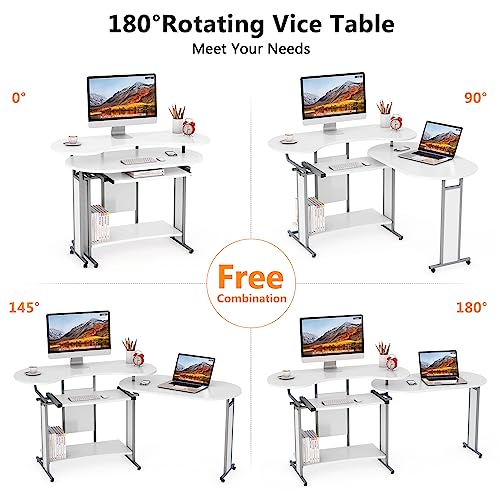 LITTLE TREE L-Shaped Computer Desk, Rotating Corner Desk & Modern Office Study Workstation, for Home Office or Living Room (White)