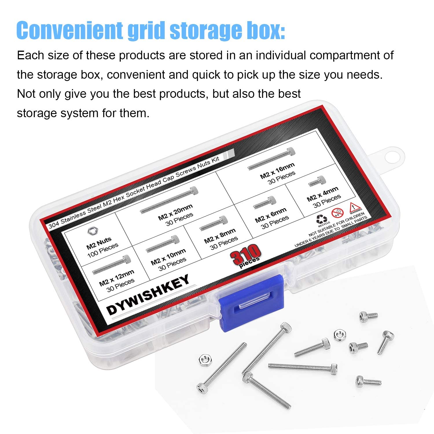 DYWISHKEY 310 Pieces M2 x 4mm/6mm/8mm/10mm/12mm/16mm/20mm, Stainless Steel 304 Hex Socket Head Cap Bolts Screws Nuts Kit with Hex Wrench