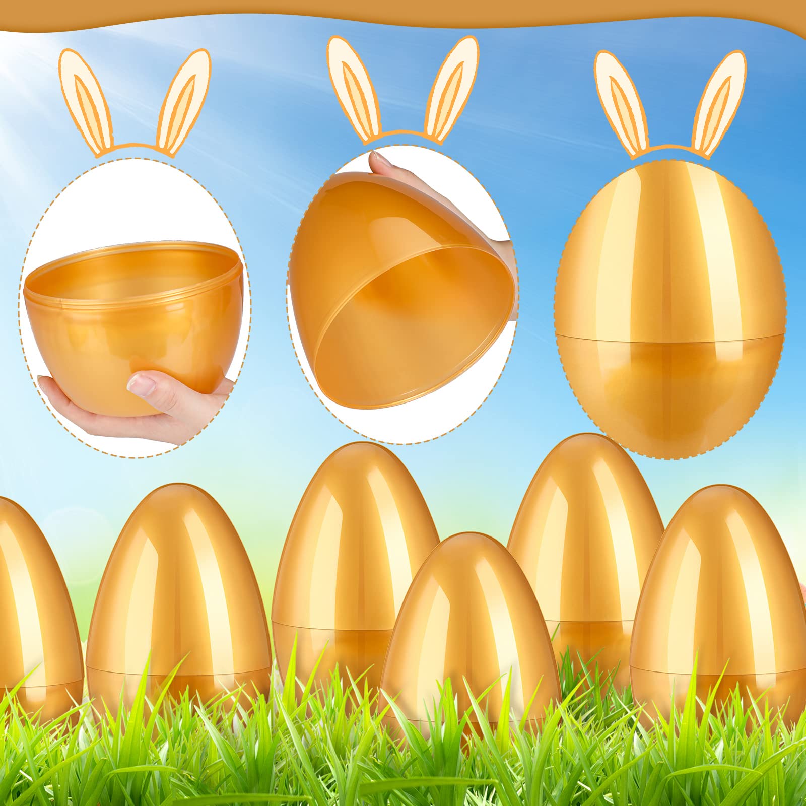 24 Pcs 8'' Jumbo Plastic Easter Eggs Big Fillable Easter Eggs Large Empty Bright Easter Hunt Surprise Eggs for Teens Hunt Game Holiday Party Supplies Basket Fillers Toy Outdoor Decorations (Gold)