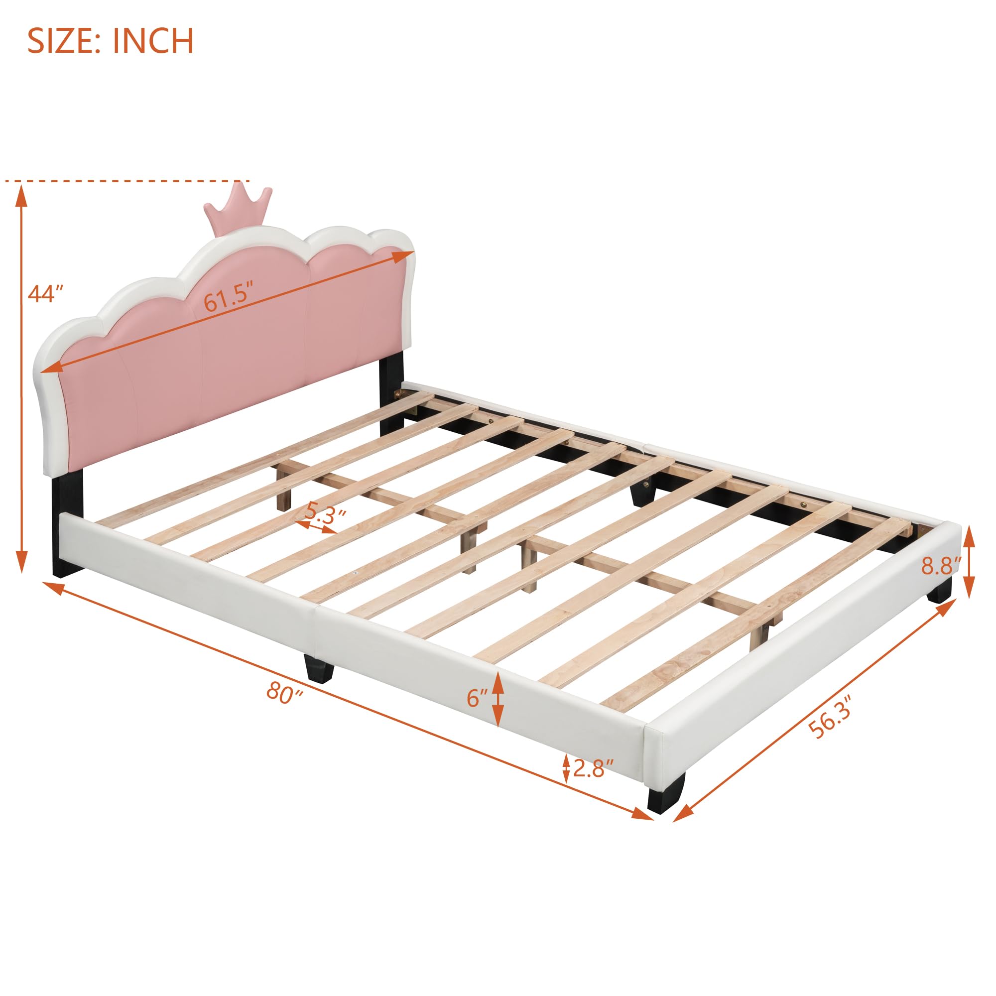 Bellemave Full Size Princess Bed Frame with Crown Headboard, PU Upholstered Princess Full Bed for Girls,Kids Twin Platform Bed,(Full,White)