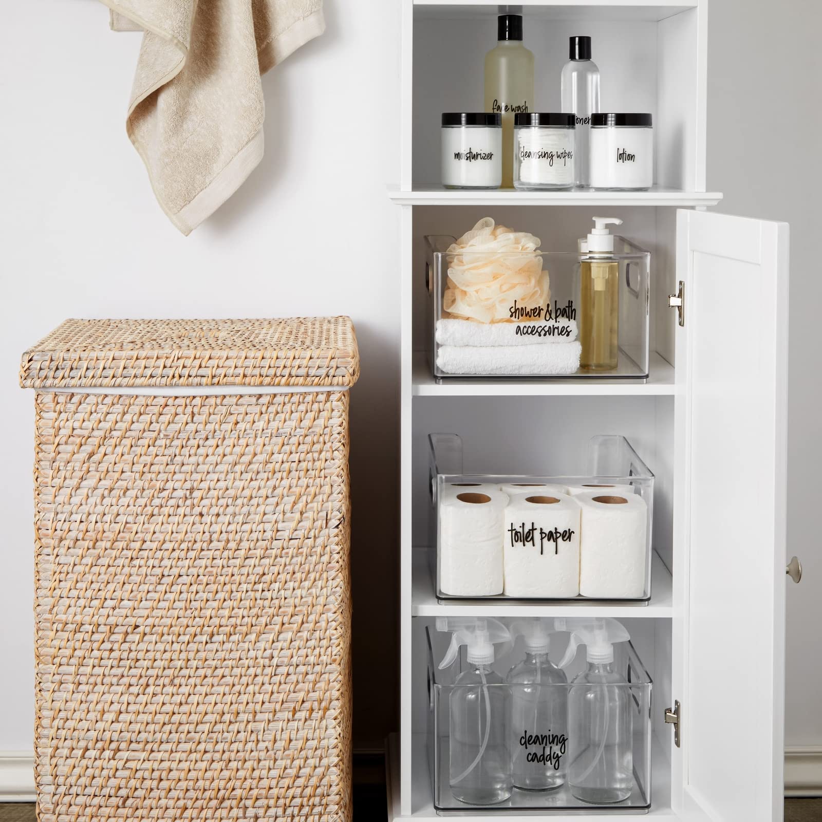 Talented Kitchen 192 Preprinted Bathroom Labels for Containers - Black Script Stickers for Organizer Bins, Bath, Beauty Canisters, and Makeup Storage Organization (Water Resistant)