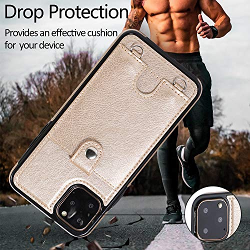 Jaorty PU Leather Wallet Case for iPhone 11 Pro Necklace Lanyard Case Cover with Card Holder Adjustable Detachable Anti-Lost Neck Strap for Apple iPhone 11 Pro 5.8",Gold