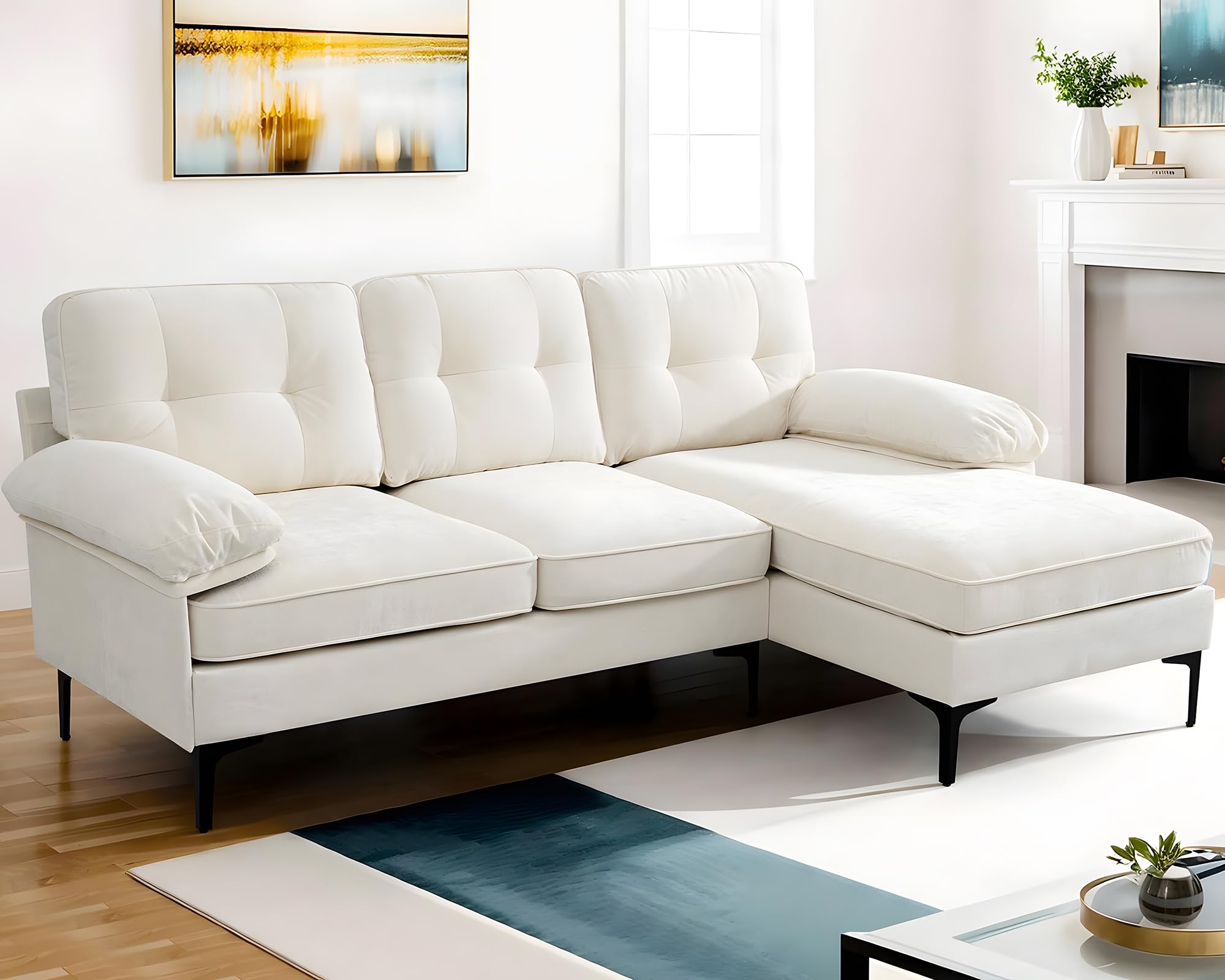 82" White Sectional Couch w/Chaise, Chenille Cream Convertible L Shaped Sofa Couch, Mid-Modern Century 3 seat Pet-Friendly Couch for Living Room, Apartment, Office with Removable & Washable Cushions