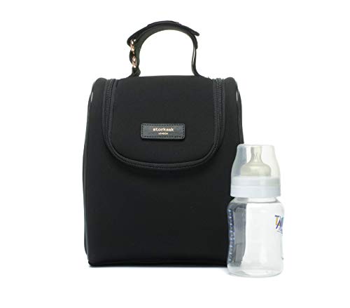 Stevie Luxe Scuba Black Modern Style Baby Diaper Bag by Storksak | Water-Resistant, Large Capacity Multi-Functional Bag with Smooth Leather Trim and Rose Gold Hardware | Shoulder and Stroller Straps