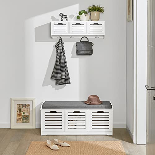 Haotian FSR23-W, White Storage Bench with 3 Drawers & Padded Seat Cushion, Hallway Bench, Shoe Cabinet, Shoe Bench