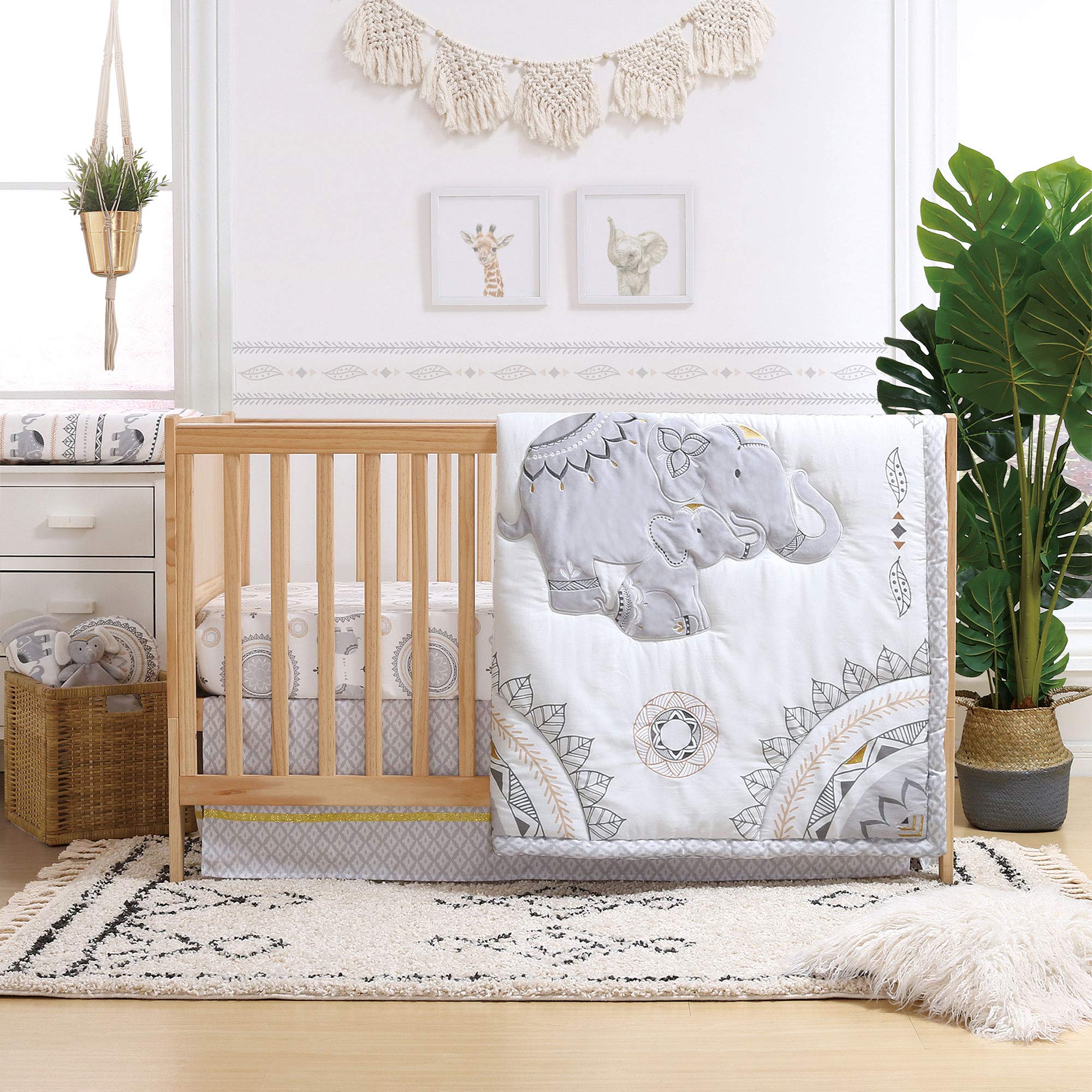 The Peanutshell Boho Elephant and Medallion Print Fitted Crib Sheet for Baby Boys or Baby Girls, Grey/White