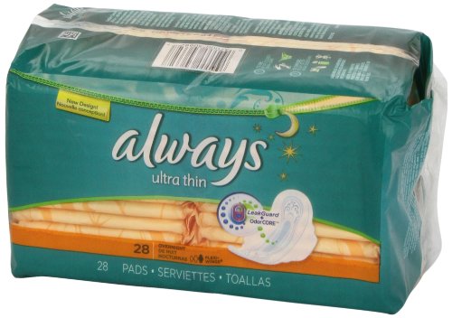 Always Ultra Thin Feminine Pads for Women with Wings, Size 4, Overnight Absorbency, Unscented, 28 Count (Pack of 1)
