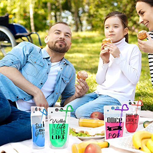 48pc Drink Pouches with Straws, Stand-Up Plastic Drink Pouches for Adults Bags with Zipper Party Beverage Bags Juice Pouches for Smoothie, Cold & Hot Drinks with 48 Drink Straws(48 Sets,6 Styles)