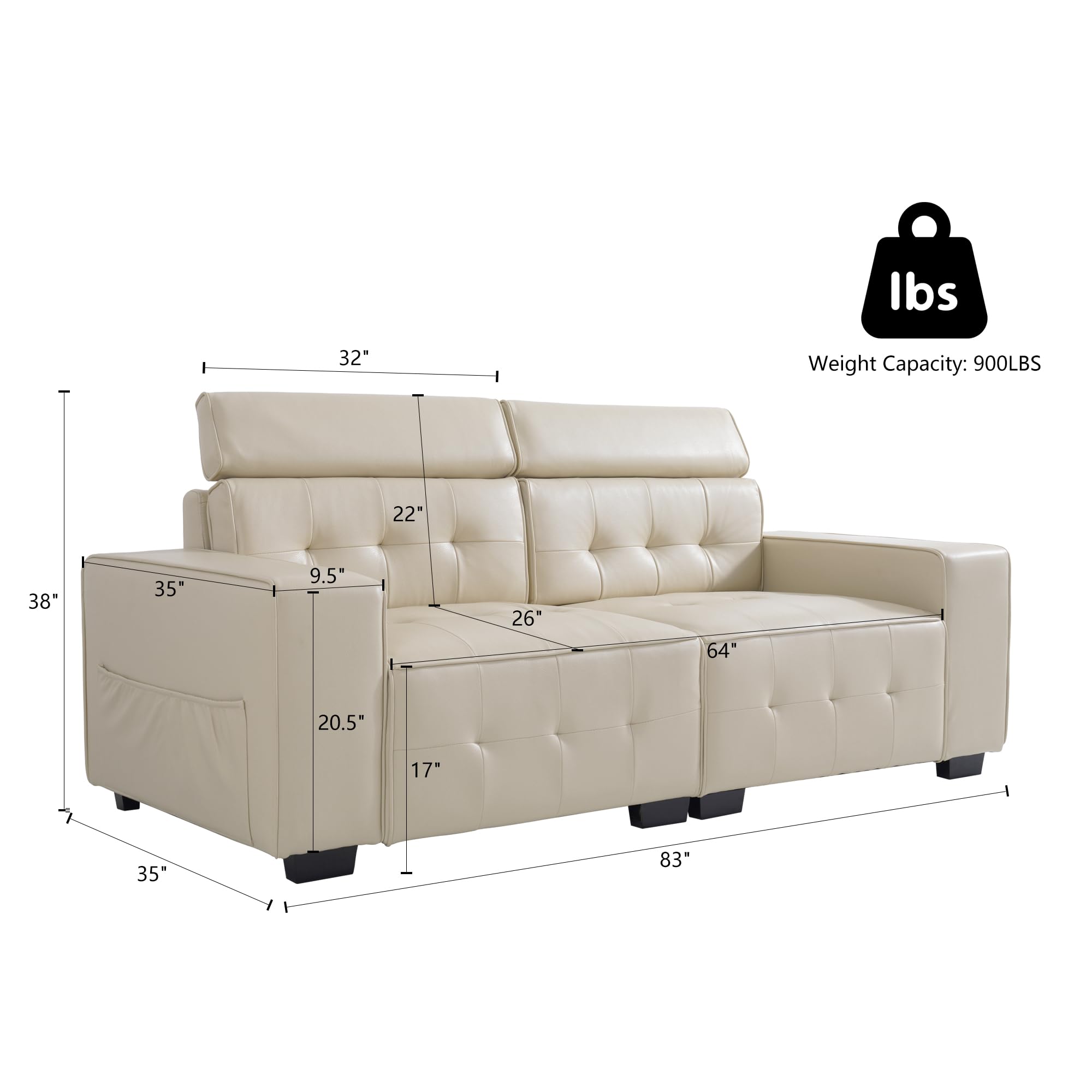 83" Leather Sofa with Adjustable Headrest Mid Century Modern Double Loveseat Sofa for Living Room Bedroom Apartment Office,2 Seater Luxury Classic Wide Armrest,Deep Seat (Leather, White)