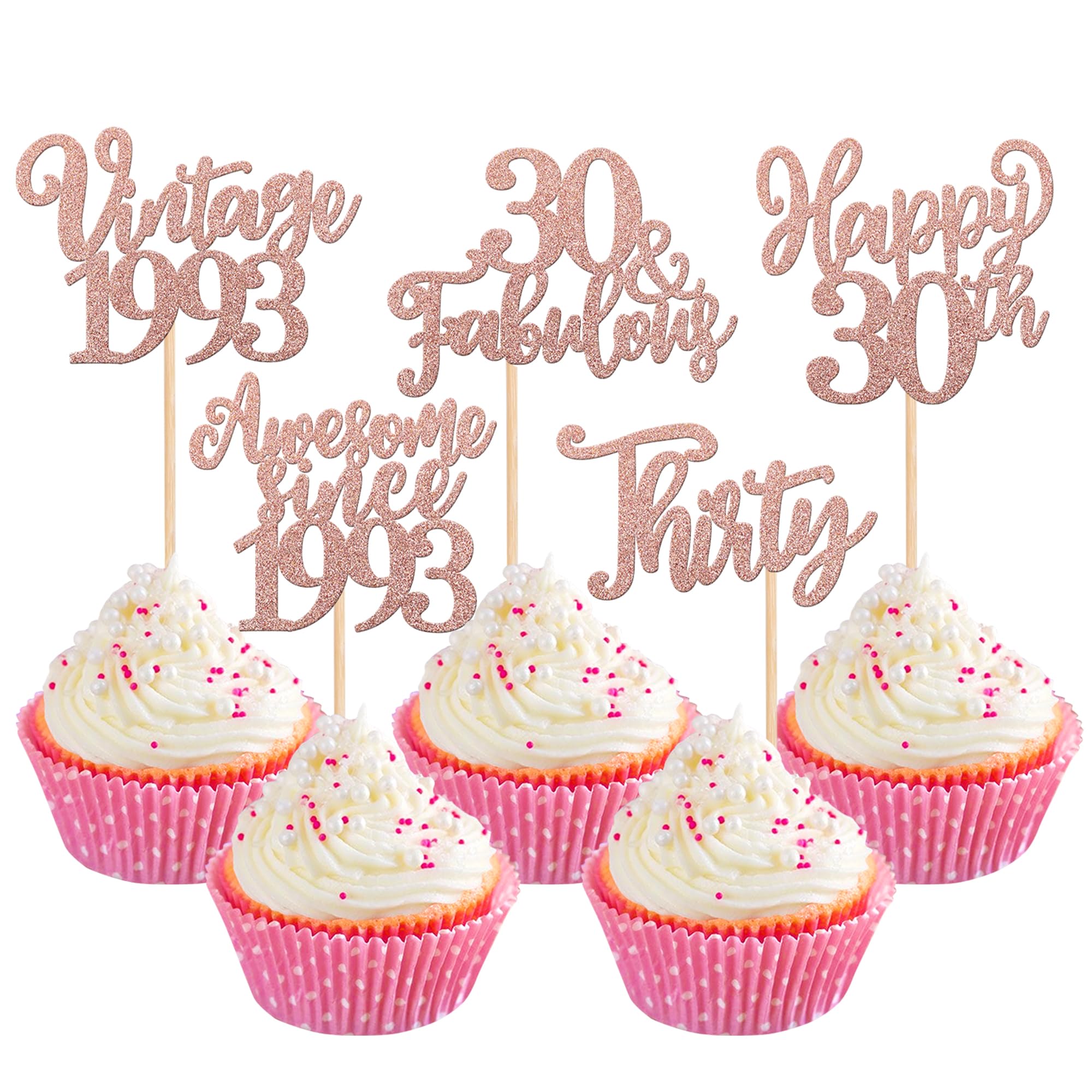 30 PCS Happy 30th Birthday Cupcake Toppers Glitter Thirty 30 Fabulous Vintage 1993 Cupcake Picks Cheers to 30 Years Cake Decorations for 30th Birthday Anniversary Party Supplies Rose Gold