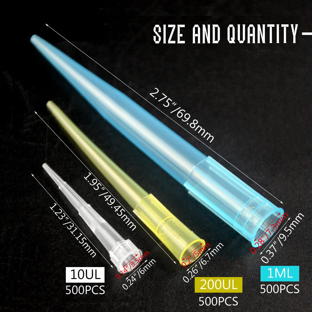 TOVOT 1500PCS Laboratory Universal Pipette Tips 3-Size Plastic Liquid Pipette Tips 10ul 200ul 1000ul (Yellow Blue Clear)