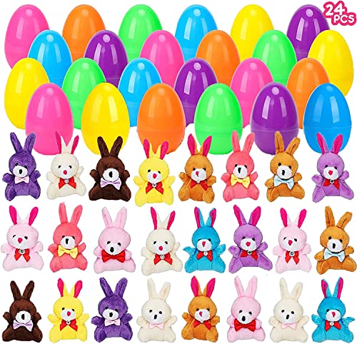 24 Pcs Filled Easter Eggs with Plush Bunny,Colorful Easter Eggs Prefilled with Plush Bunnies,Plush Animals Stuffed Toy for Kids Toddlers Easter Egg Hunt,Easter Basket Stuffers and Easter Party Favors