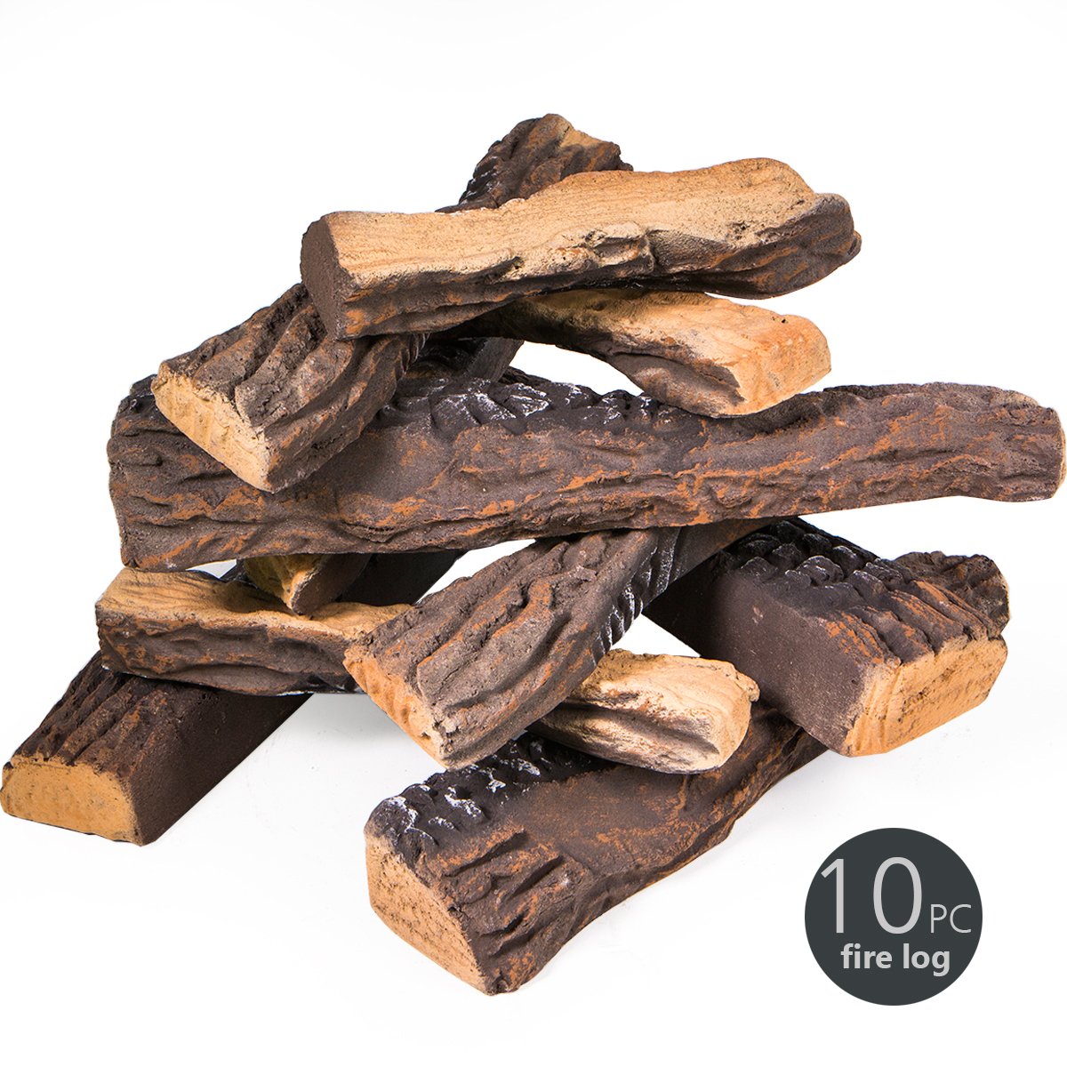 Barton 10-Pieces Ceramic Logs Set Gas Vented Fireplace Realistic Fire Log Stackable Logs Fire Place Fire Pit Insert Fireplace (10pcs) Wood Logs