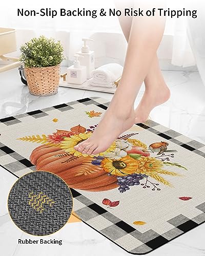 Bathroom Floor Shower Mat, Non-Slip Small Rugs - Easy to Clean, Thanksgiving Pumpkin Sunflower Maple Leaf Durable Bath Rug 16"x24" Washable Quick Dry Diatomaceous Earth Mats for Bathtubs