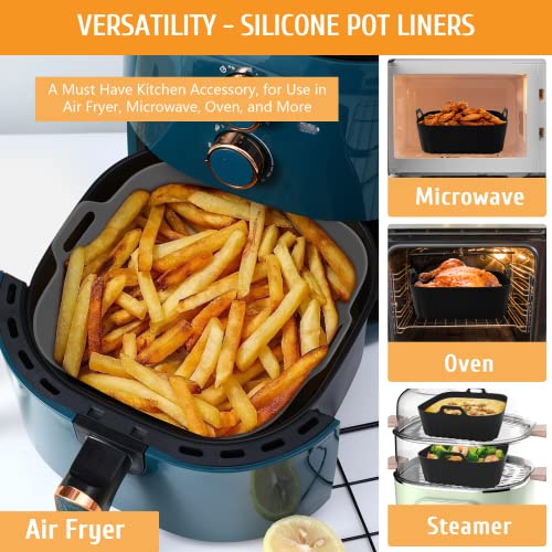 Air Fryer Silicone Liners 9 Inch Reusable Air Fryer Reusable Basket For 6 to 9QT, 2 PCS Square Air Fryer Pot Insert for Oven Microwave Accessories