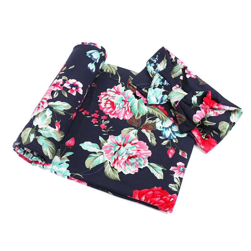 Galabloomer Receiving Blanket Headband Set Flower Print Baby Swaddle Receiving Blankets⦠(Navy Blue Rose)