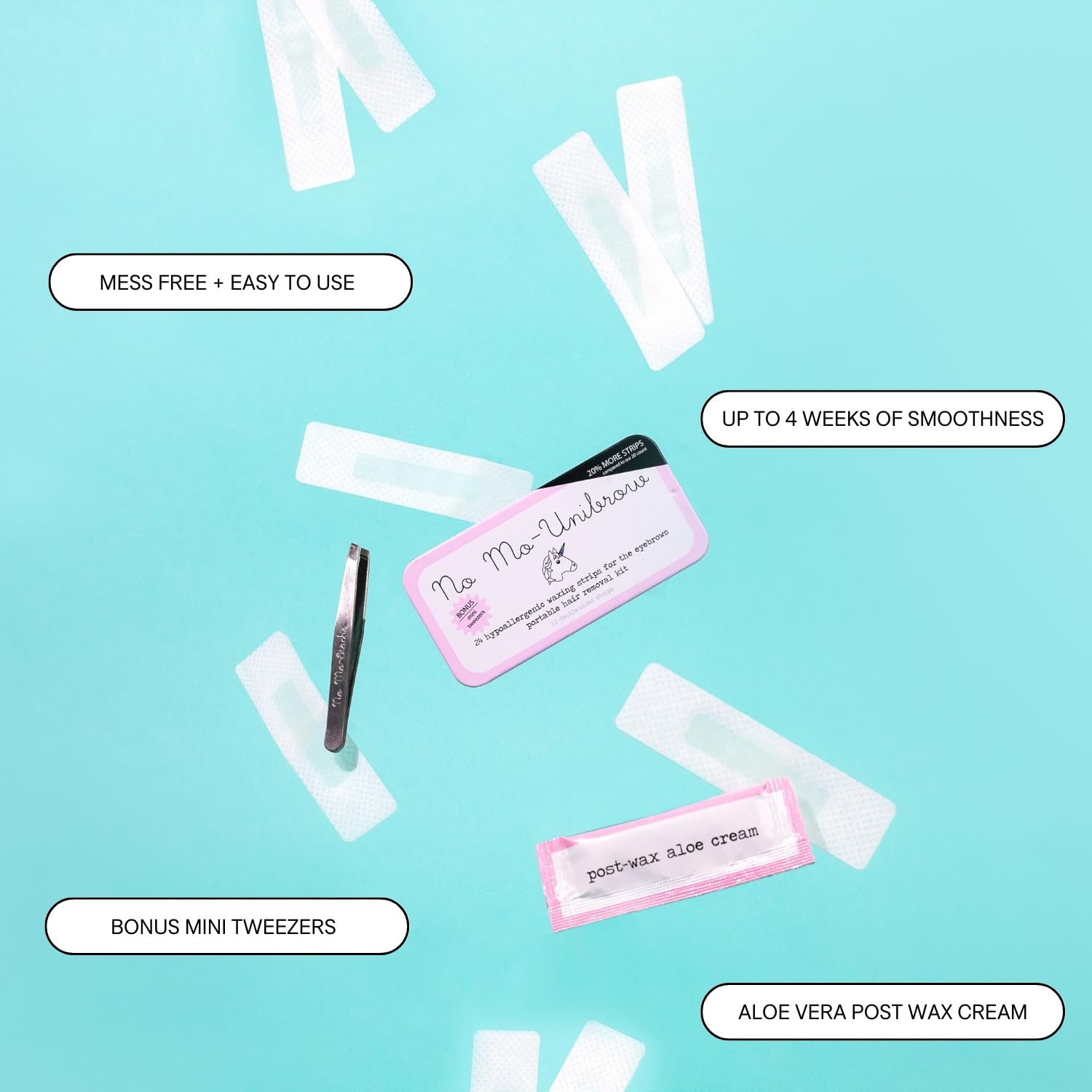 No Mo-Unibrow hair removal waxing kit: wax strips and mini tweezers for the face and brows, 24 individual strips. AS SEEN ON SHARK TANK!
