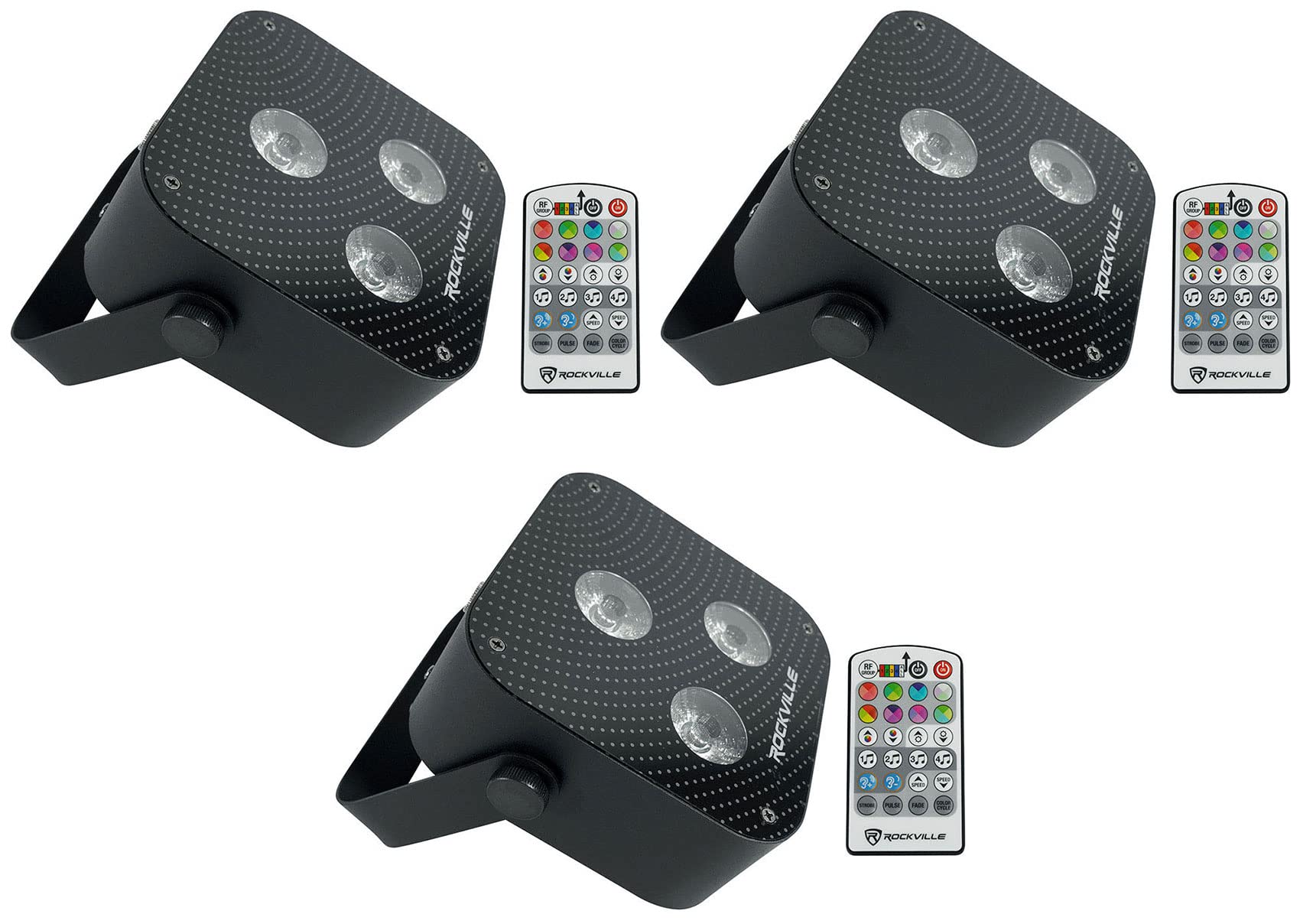 3 Rockville MINI RF3 Black RGBWA+UV DJ/Party LED Wash Lights+4-Ch. RF Par Remote