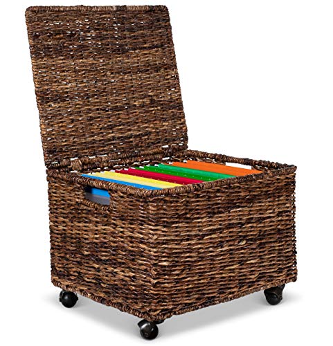 BirdRock Home Seagrass Rolling File Cabinet - Storage Organizer Box with Lid - Home Office Decor - Decorative Organize - Letter Legal Hanging Filing Container - Strong Durable Toy Pillow - Espresso